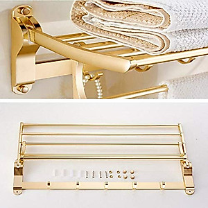 Muti-Function Bathroom Shelf, Space Aluminum Shower Towel Holder, Wall Mounted Double Layer Shelves, Foldable Antirust Towel Rack for Bathroom Hotel 4-Bar 4 Hooks (Color : Gold)