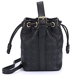 Olivia Miller Women's Fashion Jade Flower Embroidered Faux PU Leather Bucket Black Crossbody Bag w Adjustable Strap Everyday Small Evening Casual Work Purse Handbag