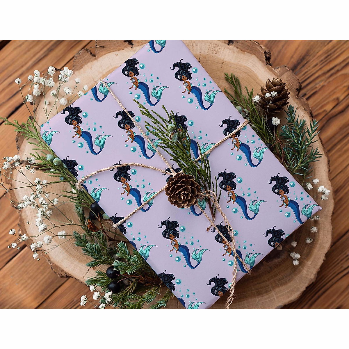 African American Black Mermaid Premium Purple Wrapping Paper Gift Wrap Birthday Present Party Decoration (One 20 inch x 30 inch sheet)
