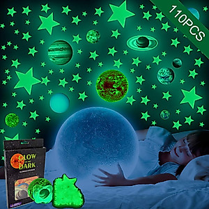 Glow in The Dark Stars and Planets Solar System Wall Decals, 110PCS Glowing Ceiling Spaceship Stars Wall Stickers, Best Gift for Kids Bedding Room Nursery Home Decoration Party Birthday(Small Size)