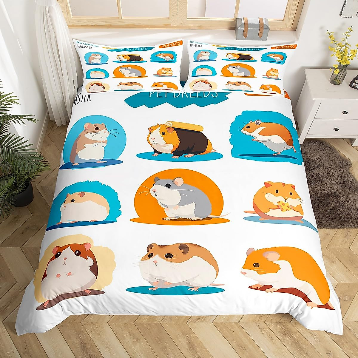 Feelyou Cute Hamster Bedding Set for Girls Boys Children Cartoon Pet Animal Comforter Cover Decorative Lovely Rodent Duvet Cover Pet Mouse Pattern Bedspread Cover Twin Size 2Pcs Bedclothes