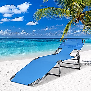 BANGTANE Tanning Chair, Lounge Chair for Outside, Portable Folding Beach Lounger w/ 5 Backrest Positions, Face Hole & Removable Pillow, 331LBS, Ideal for Poolside, Beach, Garden (Blue)