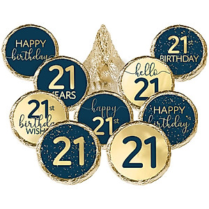 Navy Blue and Gold 21st Birthday Party Favors Chocolate Kisses Candy Stickers - 180 Count - 21st Birthday Decorations