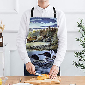 SSOIU Duck Cooking Apron, Art Desgin Loon Lake Wild Duck Couple Kitchen Apron For Baking/BBQ Men Women Unisex Waterproof 31X27 Inches