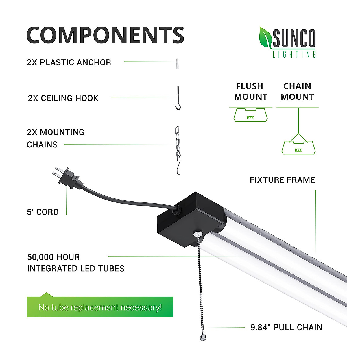 Sunco Lighting 32 Pack Shop Lights LED 4ft Plug in Linkable Workshop Fixture, 4100 LM, Link Up to 4, 5FT Power Cable, Surface or Suspension Mount, 40W, 6000K Daylight Deluxe, 48 Inch, Frosted ETL
