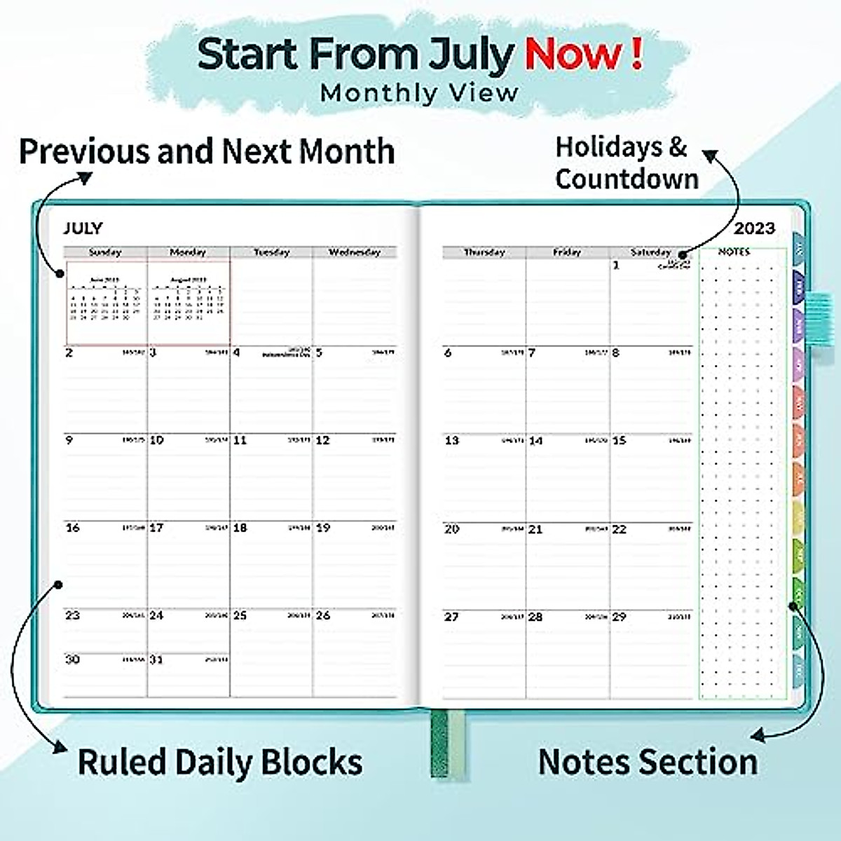 SUNEE Weekly Planner 2023-2024 5.5"x8.3" Weekly & Monthly Daily - from July 2023 - June 2024, A5 Size Calendar Academic Year Planner, Hardcover,Pocket,100 GSM Paper,Monthly Sticker (Turquoise, A5)