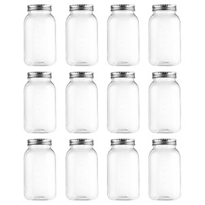 novelinks 32 OZ Clear Plastic Mason Jars with Lids - Dishwasher Safe Plastic Mason Jars 32 OZ Plastic Jars with Lids for Kitchen & Household Storage (12 Pack) (Silver)