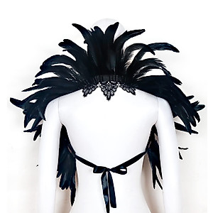 L'VOW Black Feather Shrug Cape Shoulder Wrap Lace Collar Halloween Costumes for Women (Black -002)