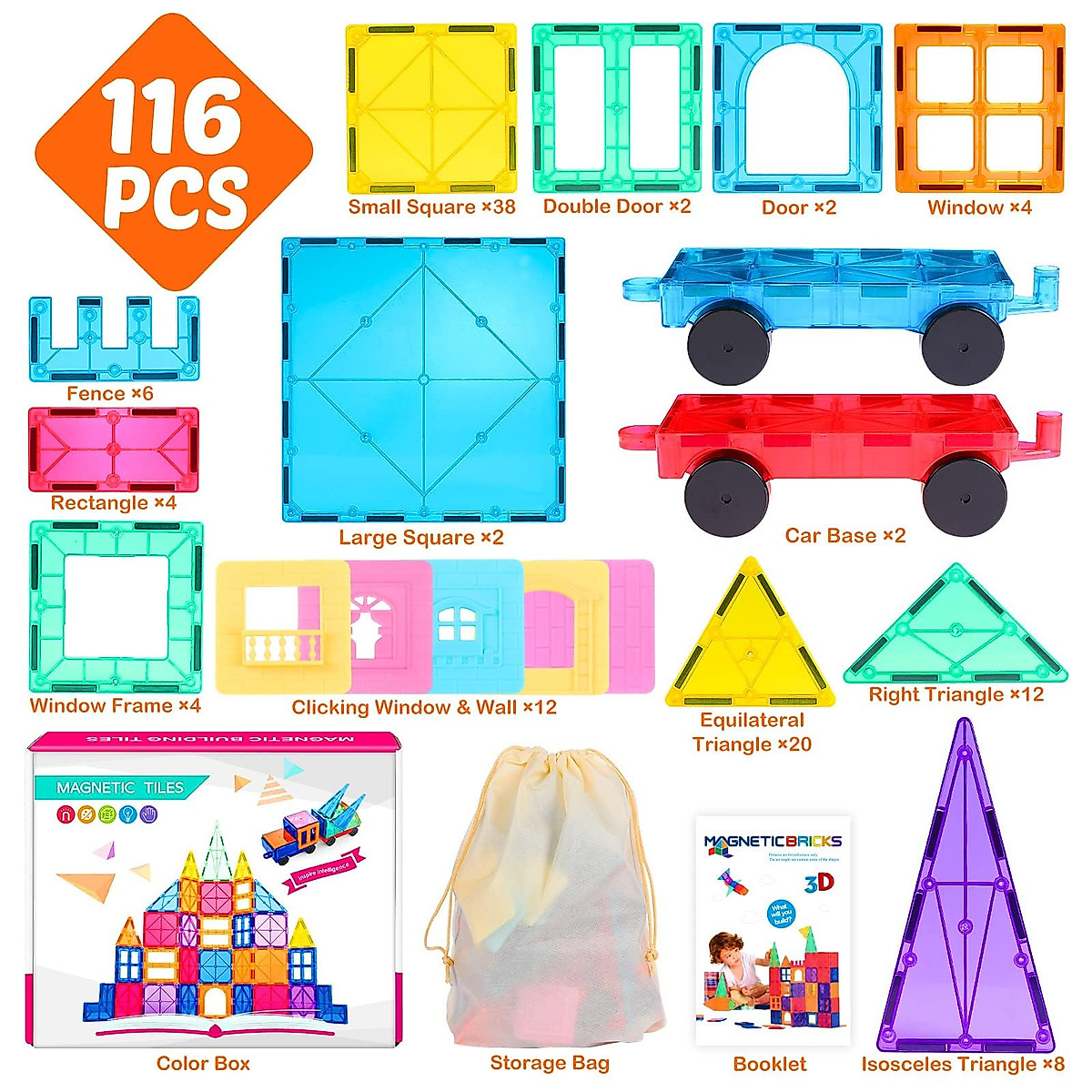 HIPCLUB 116PCS Magnetic Tiles Blocks Magnets for Kids Toys Gifts, 3D Clear Building Block Toys Learning Resource Preschool Educational STEM Toys for 3 4 5 6 7 8 Year Old Boys Girls Kids Toddlers Gifts
