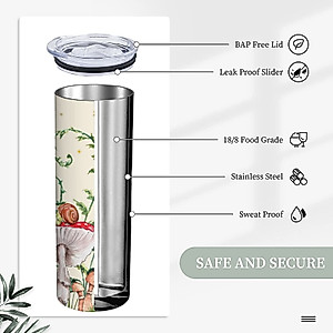 Mushroom Skinny Tumbler Gifts, 20 OZ Straight Tumbler with Straw & Lid Mug Double Wall Vacuum Insulated Mushrooms Cup, Water Tea Bottle Coffee Tumblers Gift for Women Men Teen Birthday Anniversary
