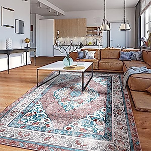 Living Room Rug 5x8 Area Rug for Bedroom Antique Red Floral Rug with Soft Memory Foam Layer Flower Rug No-Pile Carpets for Nursery Room Kids Room Dorm