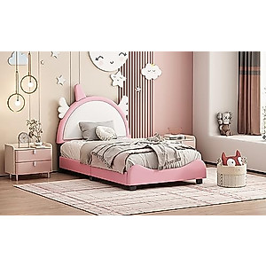 Epinki Cute Twin Size Upholstered Bed with Headboard, Platform Bed with Headboard and Footboard, White Pink, Kids Bed