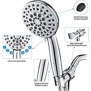 DOILIESE 6 Function Shower Head with Handheld, High Pressure Shower heads Set High Flow Hand Held Shower Head with Hose shower heads holder Rubber Washer Teflon Tape Chrome