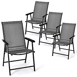 Tangkula Set of 4 Patio Folding Chairs, Fabric Dining Chairs with High Back & Armrests, Portable Camping Lounge Chairs with Sturdy Metal Frame, Outdoor Sling Chairs for Patio Lawn Garden (Grey)