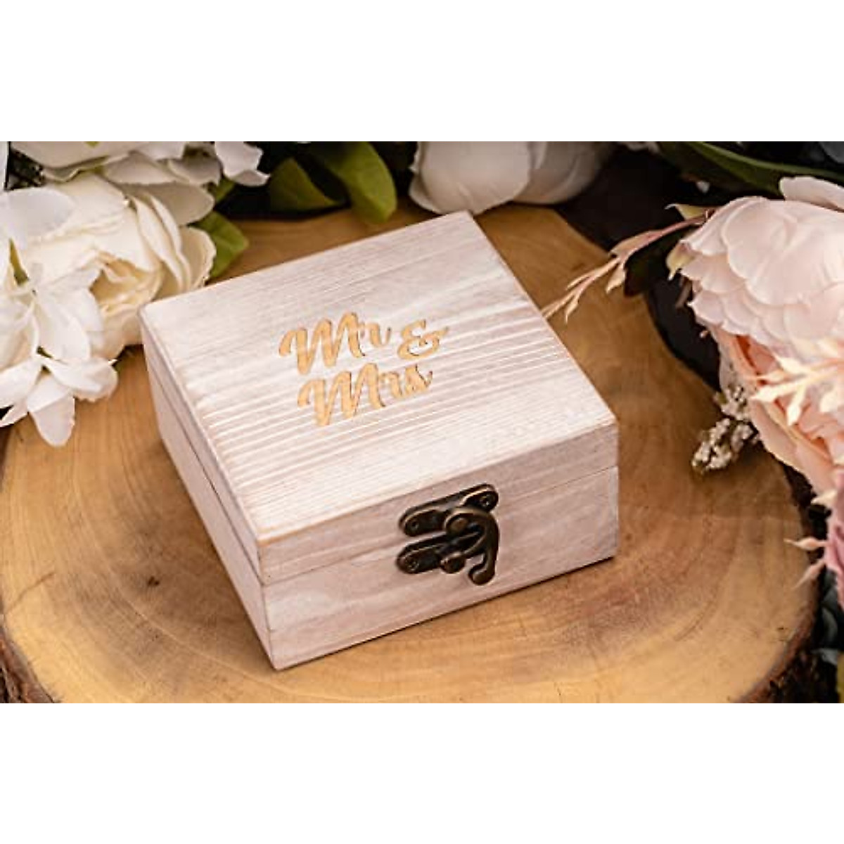 Strova Wooden Ring Box for Wedding Rings and Couple Jewelry - Engraved Mr. & Mrs. Lettering - Ring Bearer Box for Display or Personal Organizer - Brass Latch and Soft, Protective Ring Cushions
