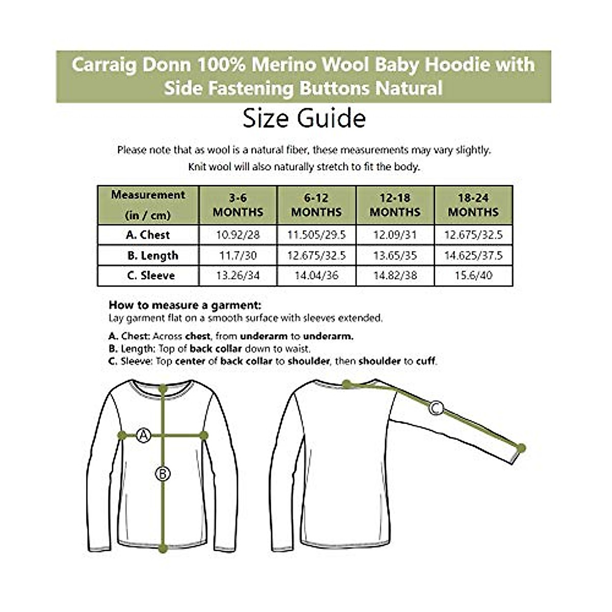 Carraig Donn 100% Merino Wool Baby Hoodie With Side Fastening Buttons Natural 12-18 months