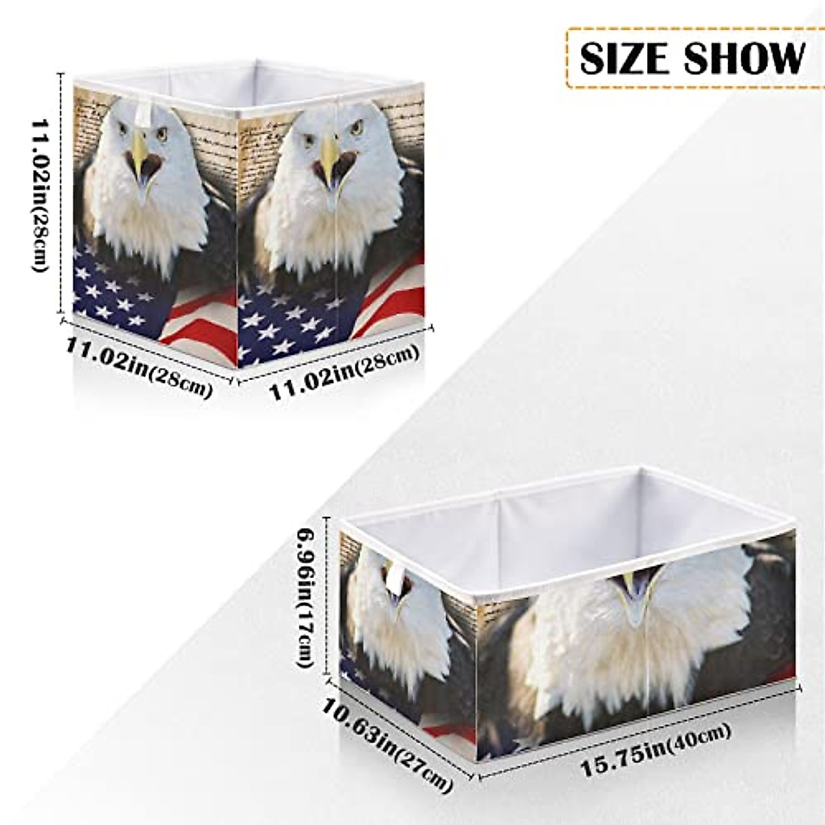 RunningBear American Flag Bald Hawk Storage Basket Storage Bin Square Collapsible Storage Containers Toy Storage Box Organizer for Living Room Bedroom