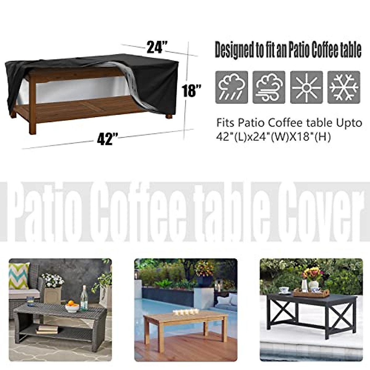 ZILOMI Patio Coffee Table Covers Waterproof, 480D Oxford Cloth Outdoor Rectangular Table Cover, Durable UV Water-Resistant Anti-Fading, Black 42" L X 24" W X 18" H