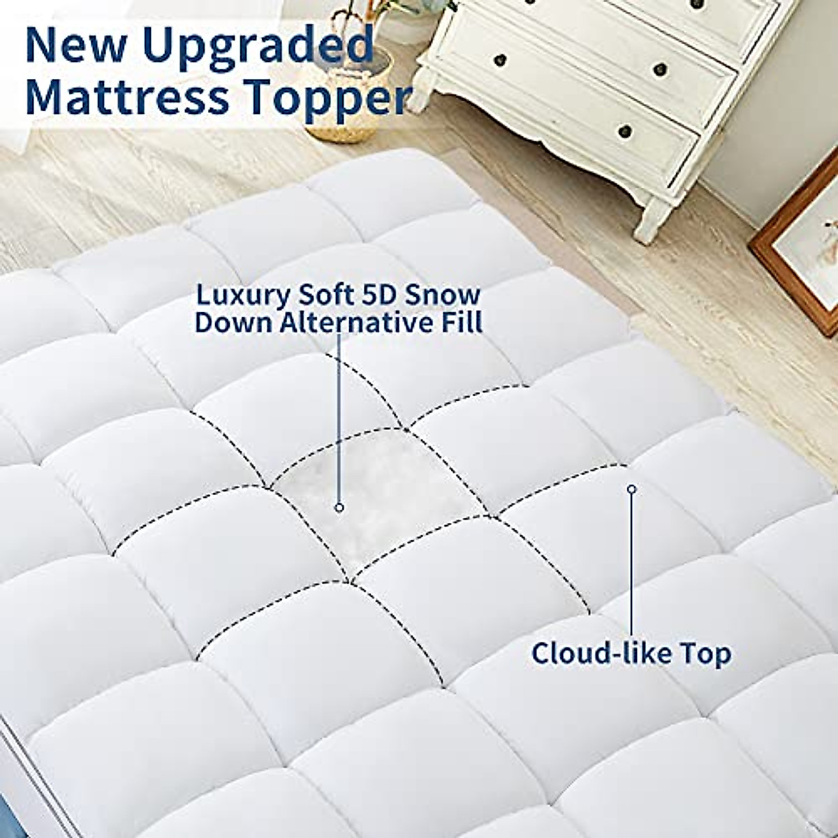 TOAO Queen Mattress Topper, Extra Thick Mattress Pad Cover for Back Pain Relief, Cooling Pillow Top with 8-21" Deep Pocket 5D Snow Down Alternative Fill(White,Queen)
