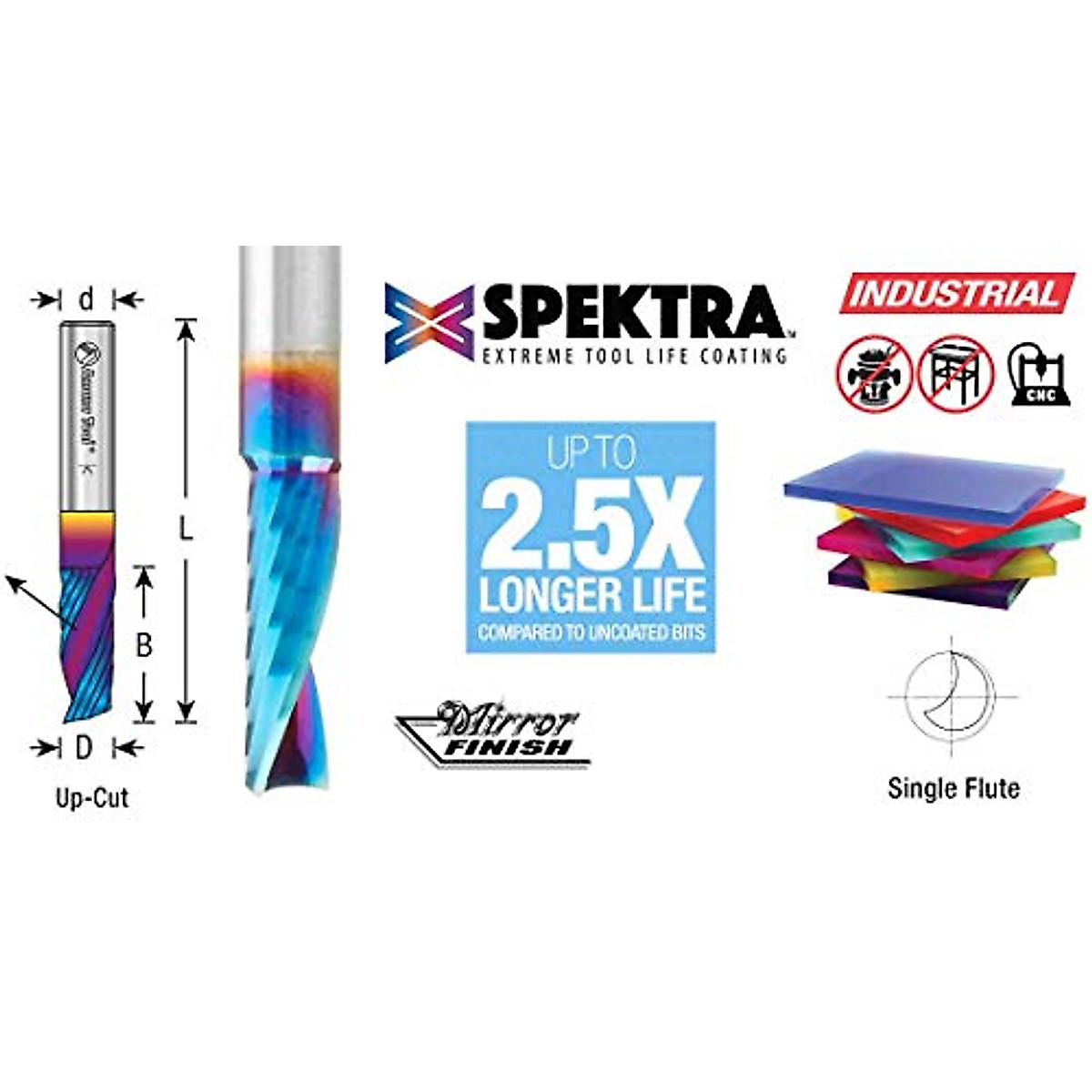 Amana Tool 51404-K Solid Carbide Spiral CNC Router Bit O-Flute Up-Cut for Plastic Cutting 1/4 Dia x 3/4 x 1/4 Inch Shank, Spektra Extreme Tool Life Coated