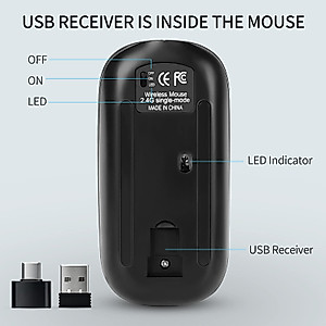 KBCASE LED Wireless Mouse Slim Silent Mouse 2.4G Rechargeable Wireless Computer Mouse Wireless Mouse for Laptop, MacBook, iPad, Chromebook, with USB & Type-c Receiver