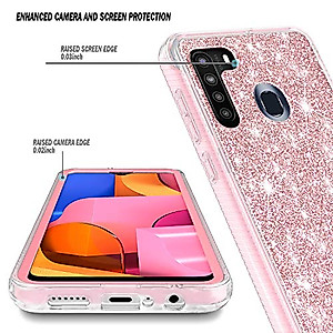 E-Began Case for Samsung Galaxy A21 with [Built-in Screen Protector], Full-Body Protective Shockproof Rugged Bumper Cover, Impact Resist Durable Case -Glitter Shiny Bling Rose Gold