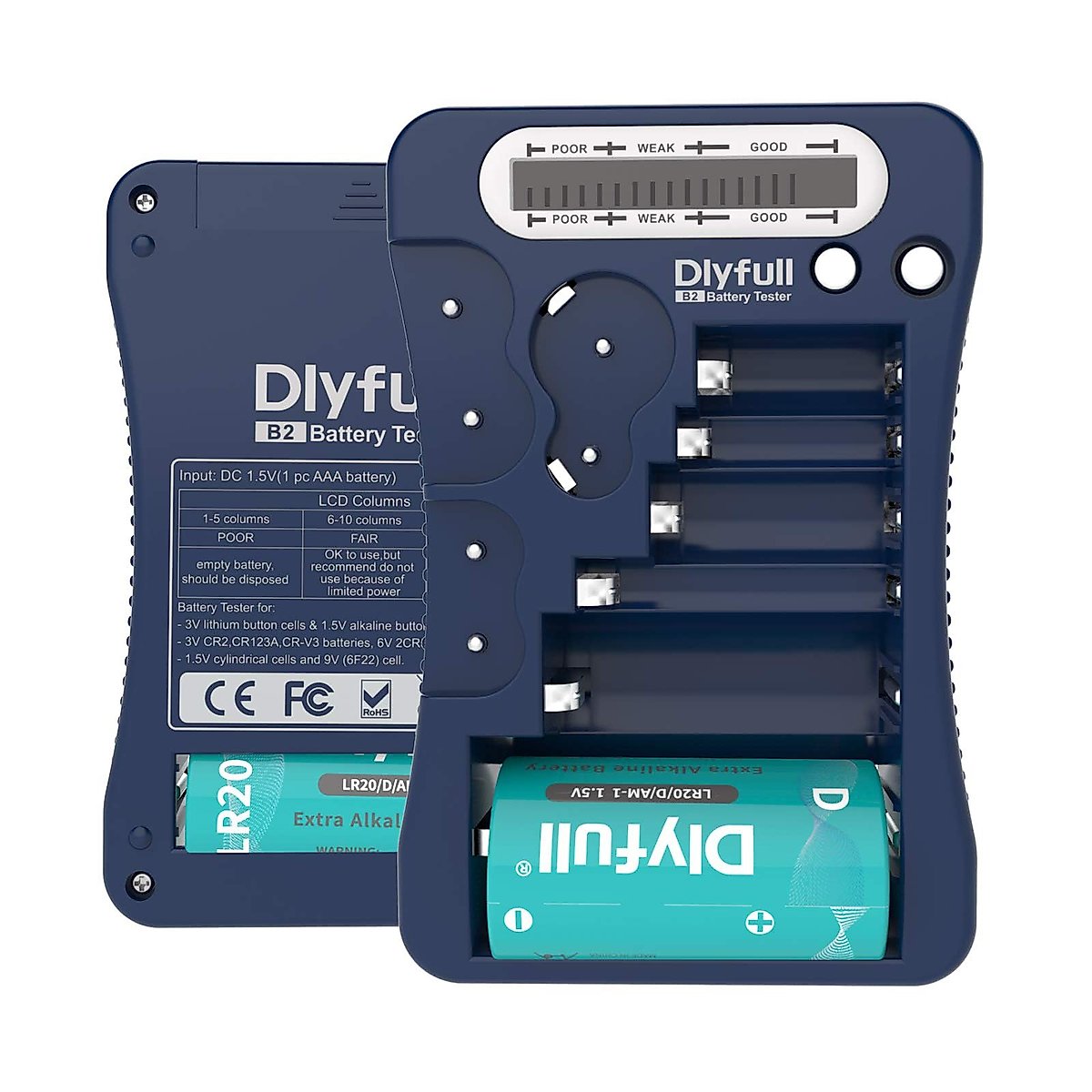 Battery Tester, Dlyfull LCD Display Universal Battery Checker for AA AAA C D 9V CR2032 CR123A CR2 CRV3 2CR5 CRP2 1.5V/3V Button Cell Batteries, 1x AAA Batteries Included