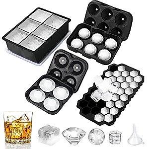 Ice Cube Tray, Silicone Large Ice Cube Molds for Freezer with Lid (4 Pcs), 6 Ball Ice Tray, 4 Diamond & 6-Ice Trays, Reusable Ice Mold for Whiskey ，Drinks，Juices and Cocktails. (Black)