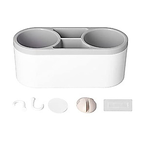 Hair Dryer Holder Wall Mounted Innovative Multifunctional Comb Stand with Stickers Hook Toilet Bathroom 4 Compartments Organizer for Home Hotel (Grey)