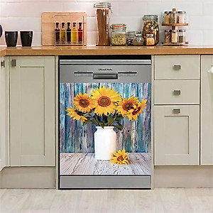 Greture Sunflower White Vase Kitchen Decor Dishwasher Magnet Sticker, Restaurant Household Cabinet Decoration Refrigerator Washing Machine Cabinet Magnetic Wallpaper 23''x26''INCH