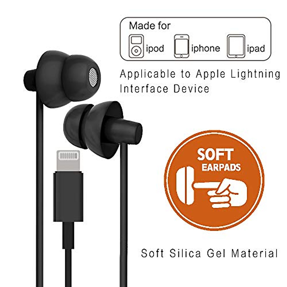 MAXROCK Lighting Headphones, Sleep Earbuds with Lightning Connector Sleep Headphone Earphones for iPhone X/XS/XS Max/XR iPhone 8 iPhone 7/7 Plus Apple iOS with Microphone and Volume Remote (Black)