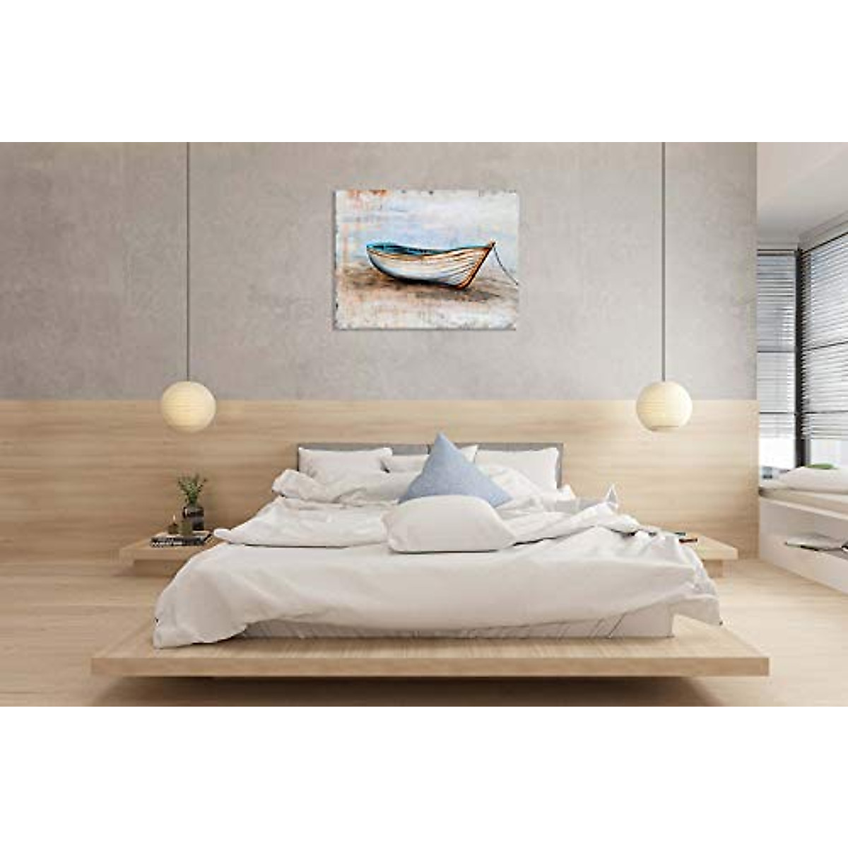 SYGALLERIER Coastal Canvas Wall Art Hand Painted Boat Still Life Painting Modern Nautical Pictures Aesthetic Artwork for Living Room Bedroom Bathroom Decor