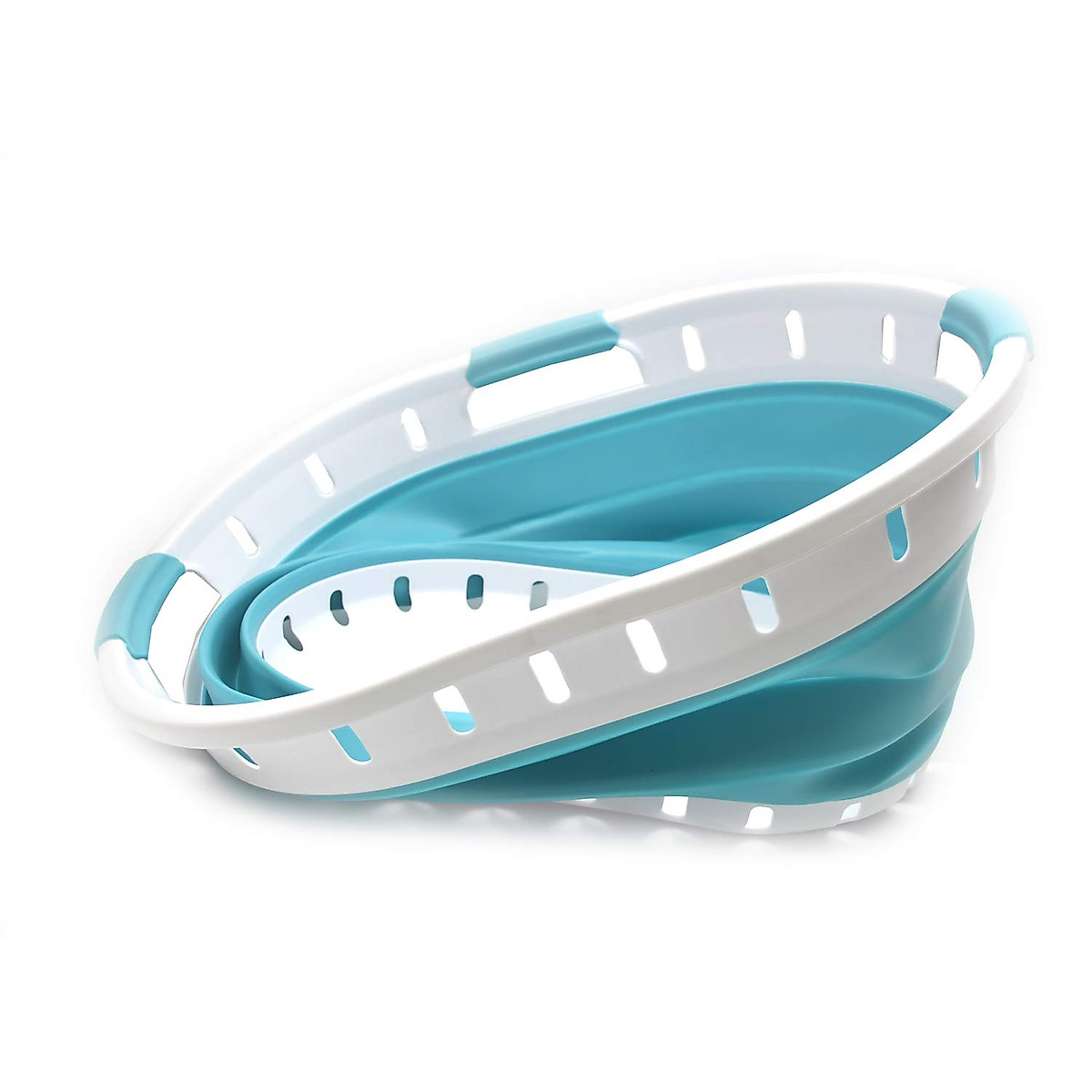 SAMMART 36L (9.5 gallon) Collapsible 3 handled Plastic Laundry Basket - Oval Basket - Foldable Storage Container/Organizer - Space Saving Laundry Hamper (2, White/Bright Blue)