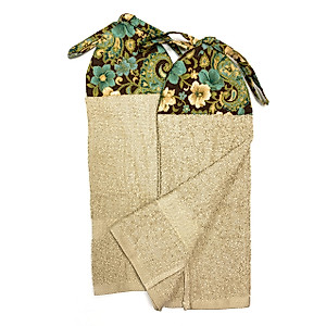 Set of 2 - Teal and Cream Flowers Floral Paisley with Gold on Brown Reversible Ties On Stays Put Tan Kitchen Bathroom Hanging Loop Hand Dish Towels