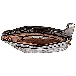 Anna by Anuschka womens Medium Anna Anuschka Handpainted Women s Genuine Leather Asymmetric Slim Crossbody Bag with Zippered Poc, Patchwork Pewter, One Size US