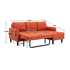 Eafurn 3 Seater Sectional Chaise Lounge and Storage,L Shaped Convertible Pull Out Bed,Comfy Velvet Upholstery Corner Sofa & Couches Button Tufted Living Room Furniture Sets, Orange 72.44"