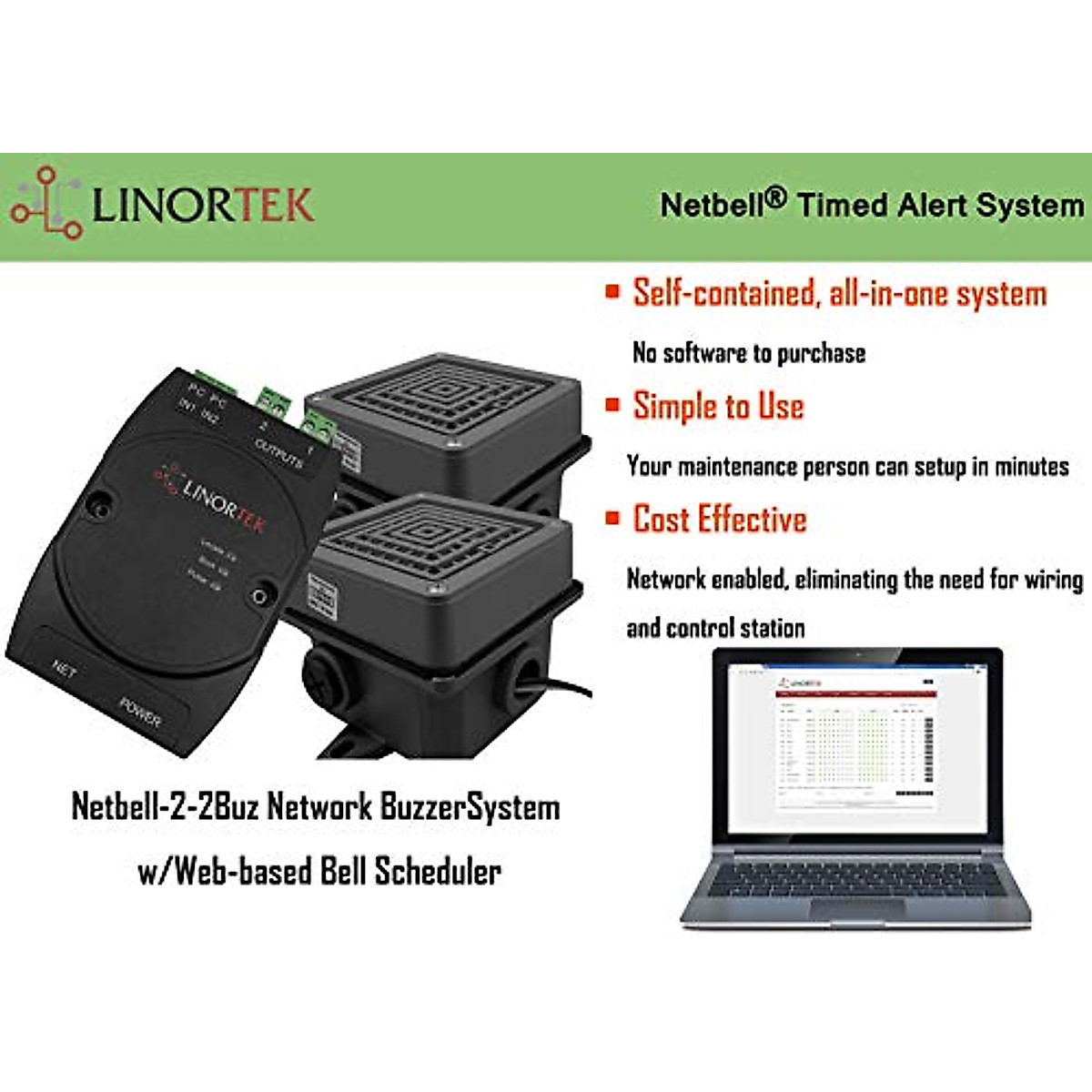 Linortek Netbell-2-2Buz TCP/IP Network Break Buzzer System with Two 4” Extra Loud Buzzers for Industrial Factory Warehouse Lunch Break Time Alert Signalling w/Web-Based Scheduling Software