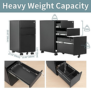 HISTEEL 3 Drawer Vertical File Cabinet,Mobile Filing Cabinet for Legal/Letter/A4 File,11.81" x 17.72" x 23.62", Black