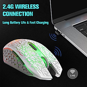 VEGCOO C10 Wireless Gaming Mouse, Rechargeable Gaming Mouse, Silent Optical Mice with 2.4G USB Receiver, 3 Ajustable DPI, 7 Colorful LED Lights for Gamer (White)