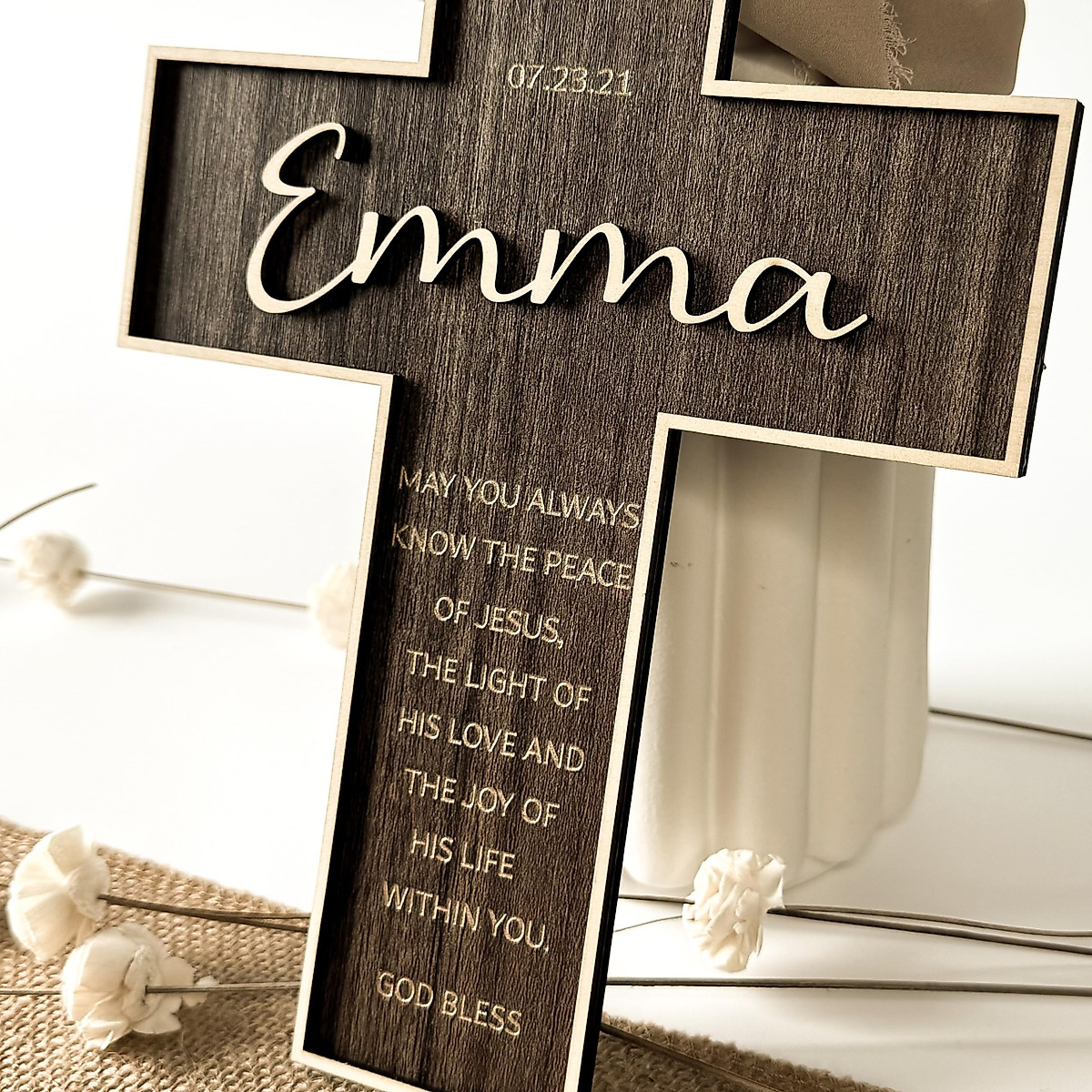 Personalized Engraved Wood Cross, Christian Wooden Cross for Baptism, Holy Communion, Confirmation or Newborn Gift Keepsake with Custom Name and Date with Message (Walnut)