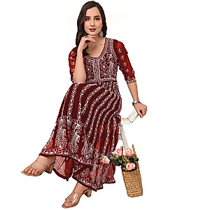 EthnicJunction Women's Georgette Chikankari Embroidery Anarkali Kurta (X Large) (Rust Orange)