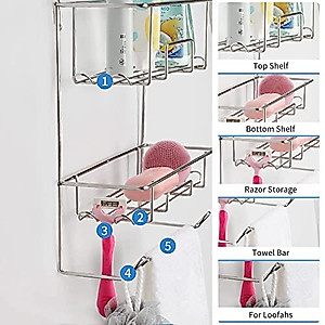 Shower Caddy over Shower Head Hanging Shower Organizer Rust Proof with 10 Razor Hooks Bathroom Shampoo Holder with Towel Rack Shower Storage Shelf-Chrome-Stainless Steel