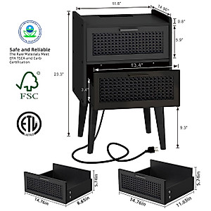 HHETOGOL Small Black Nightstand with Charging Station & 2 Rattan-Like Decor Drawers,Small End Table with Solid Wood Feet for Small Bedroom, Living Room, Natural, TTBZ02BKE