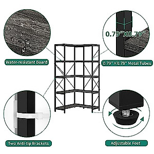 YITAHOME Corner Bookshelf, Industrial Corner Shelf 5 Tier Bookcase, Large Display Rack Storage for Bedroom, Living Room, Home Office,Charcoal Gray + Black