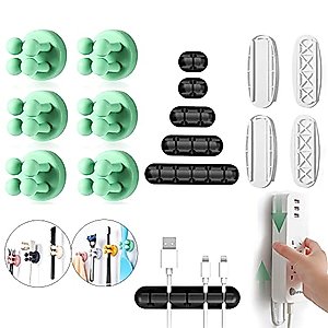 Defrko 6 Pcs Green Hooks Toothbrush Holders Hanging Key Clothes for Home Office Kitchen Bathroom - 5 Pcs Cable Clips - 2 Pcs Self Adhesive Power Strip Holder Cable Management Organizer