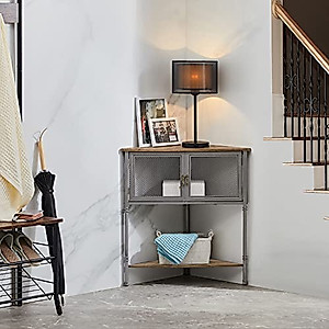 VECELO Table, 3-Tier Shelves with Protection Door, Metal Frame Storage Shelf Organizer for Small Space, Living Room, Corner Cabinet, Grey