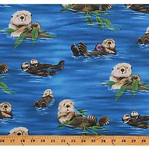 Cotton Sea Otters Playing Cute Animals Ocean Nature Blue Cotton Fabric Print by The Yard (SRKD-6745-268NATURE)