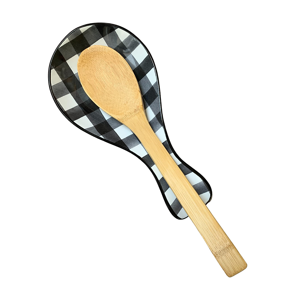 YLF Collections Buffalo Plaid Spoon Rest & Spoon Set, Large Black & White Spoon Rest with Bamboo Spoon, 10.25x4.9x1