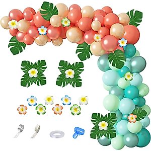 Ouddy Party Tropical Balloon Garland Arch Kit, 12"10"5" Rose Gold Blush Blue Balloons Artificial Palm Leaves Plumeria for Magic Theme Birthday Party Supplies Baby Shower Hawaii Luau Party Decorations