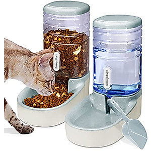 Pets Gravity Food and Water Dispenser Set,Small & Big Dogs and Cats Automatic Food and Water Feeder Set,Double Bowl Design for Small and Big Pets (Gray)